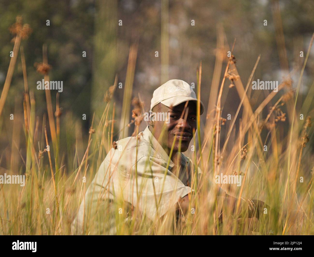 Botswana - August 30 2007; African guide sitting among reeds in ...
