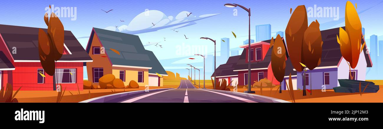 Autumn suburban district with cottages stand along road perspective ...