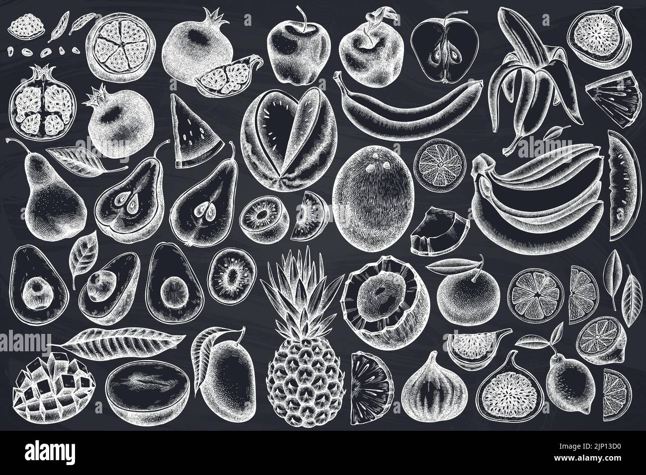 Fruits hand drawn vector illustrations collection. Chalk bananas, pears, kiwi etc Stock Vector ...