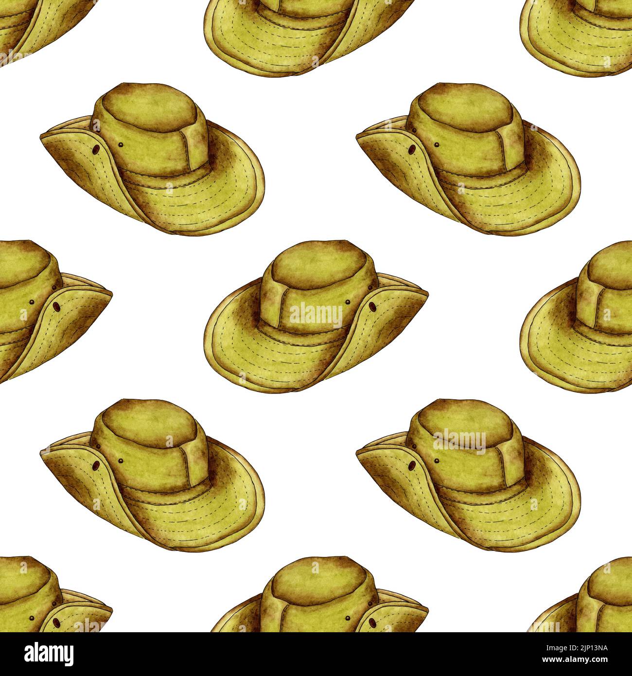 Watercolor illustration of a hat pattern for outdoor activities and sun ...