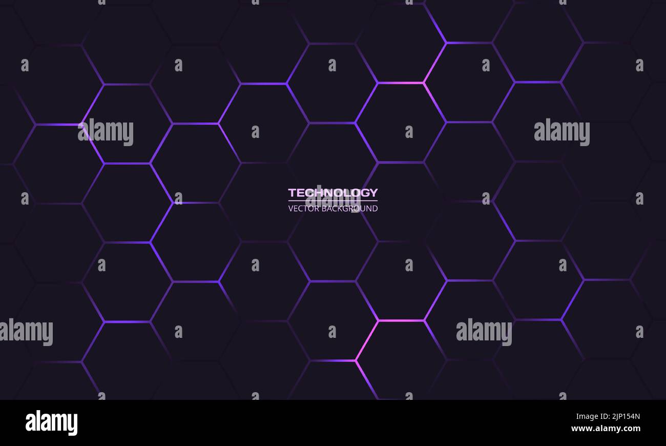 Dark hexagon abstract technology background with purple colored bright flashes under hexagon ...