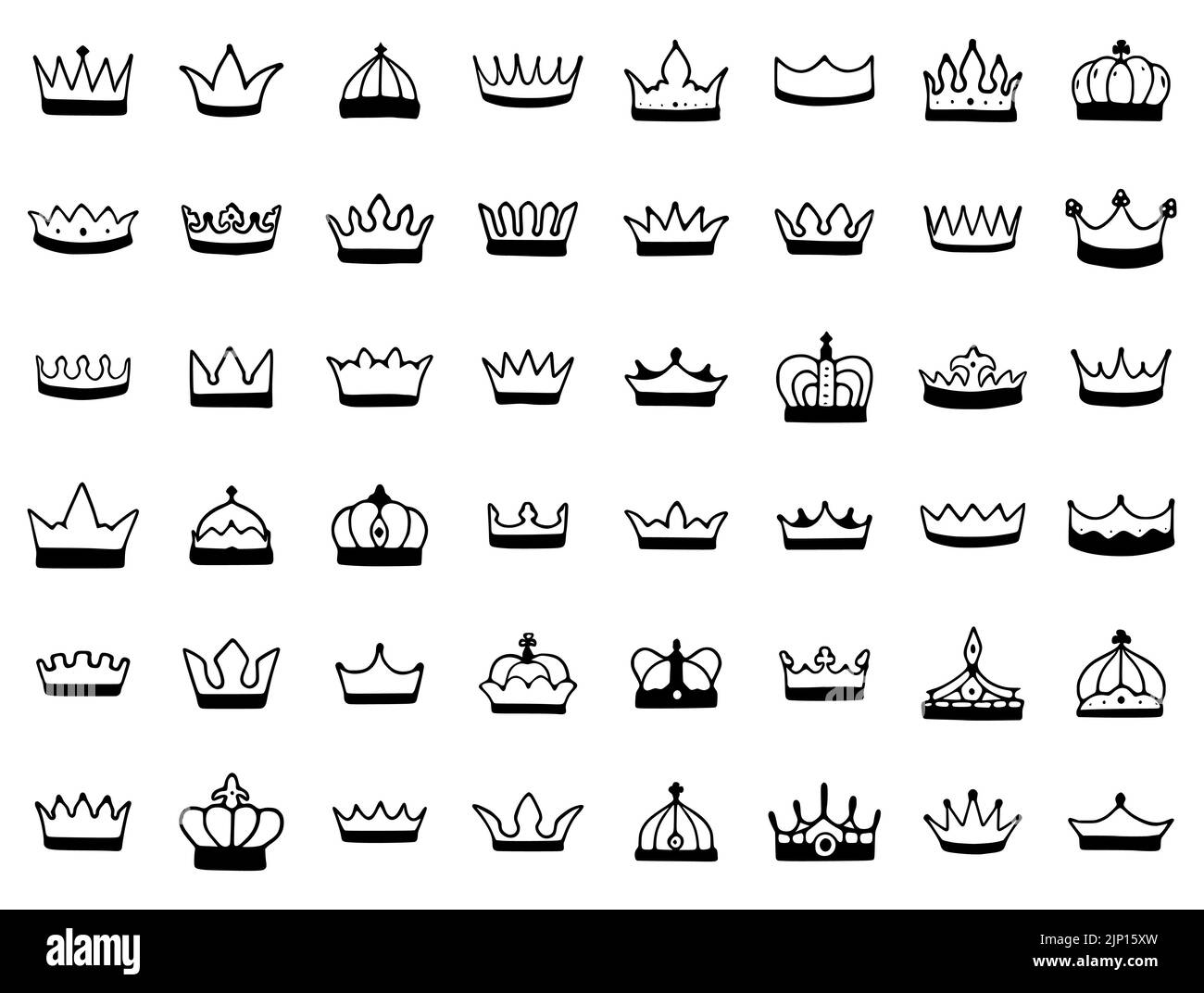 Crown hand drawn icon set isolated on white back. Royal or queen sign ...