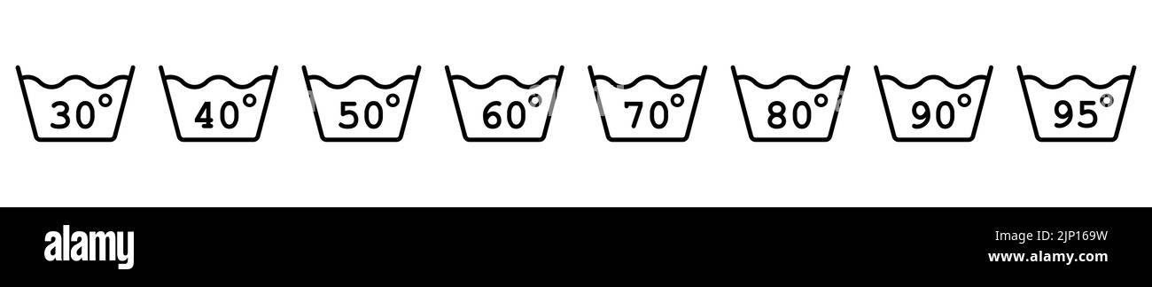 Wash at 30 to 95 degrees. Degrees of water. Set of isolated wash icons ...