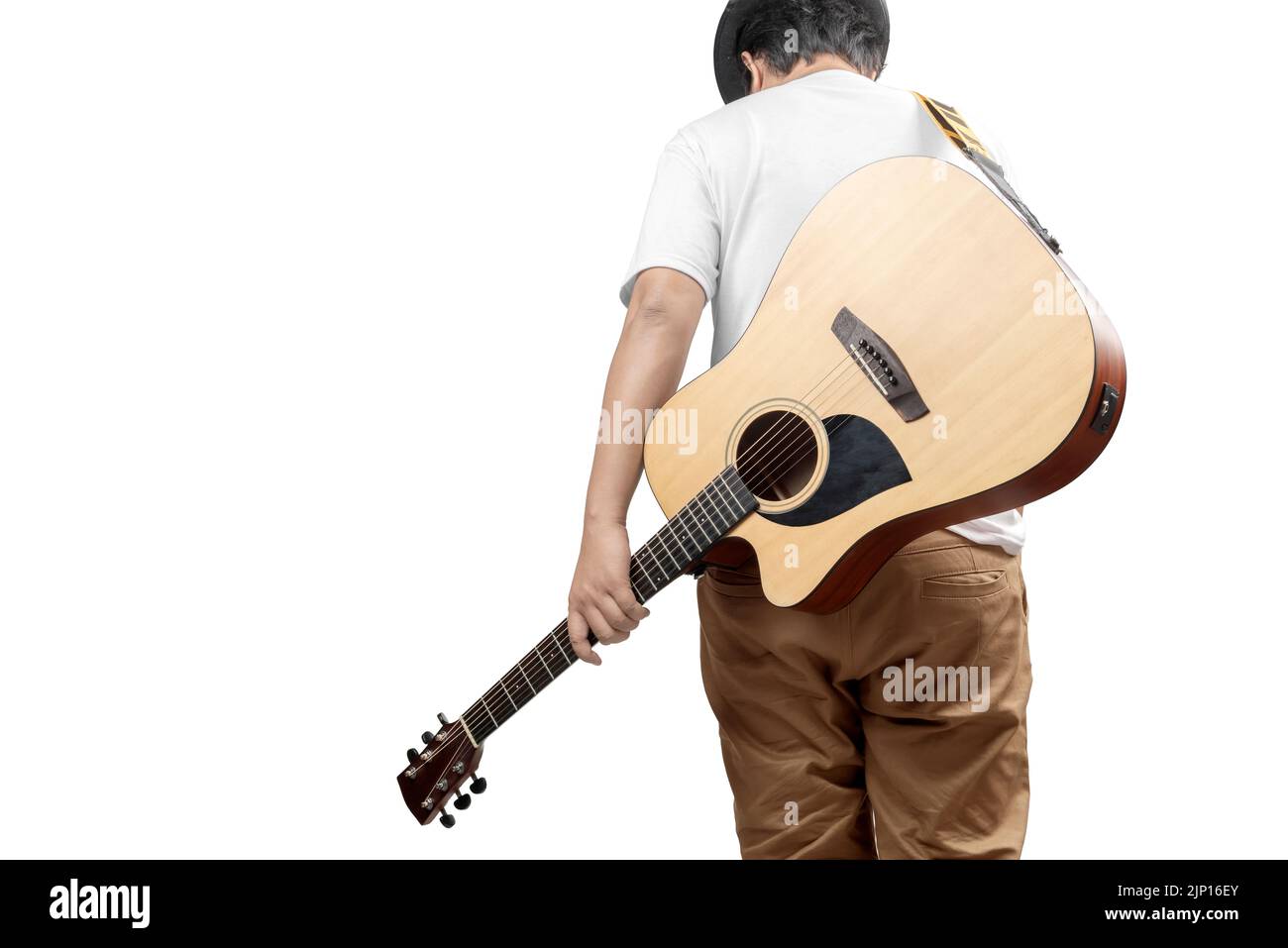 Rear view of man carrying guitar isolated over white background Stock ...