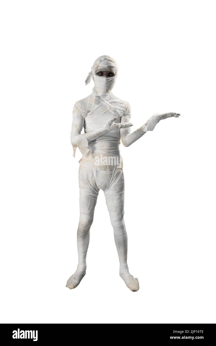 Mummy standing and showing something isolated over white background ...