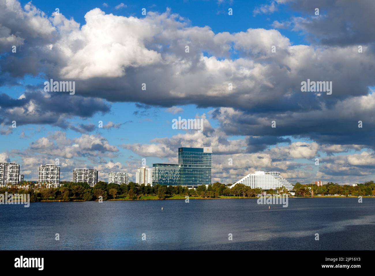 Landscape view over the swan River to Burswood and Crown casino complex ...