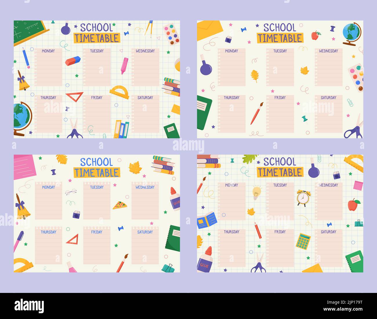 Set of cute childish school timetables, weekly classes schedule for ...