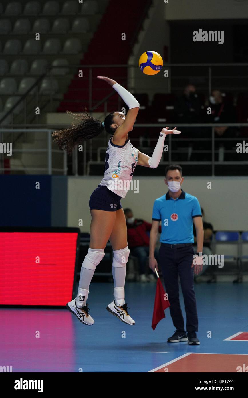 ISTANBUL, TURKEY - APRIL 02, 2022: Amanda Campos serves during Turk ...