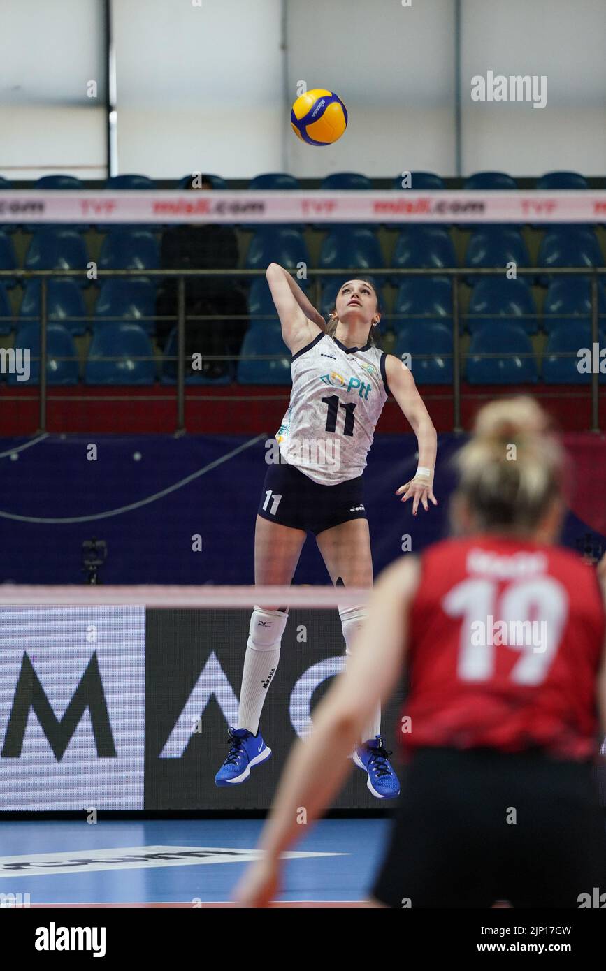 ISTANBUL, TURKEY - APRIL 02, 2022: Cagla Erdem serves during Turk Hava ...