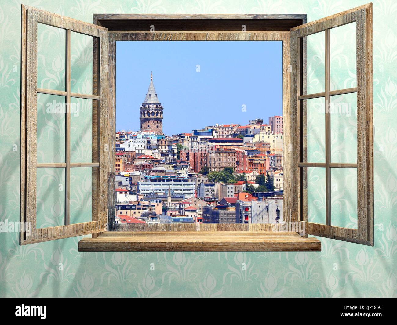 View of Istanbul, Galata tower and Bosphorus through window. City view ...