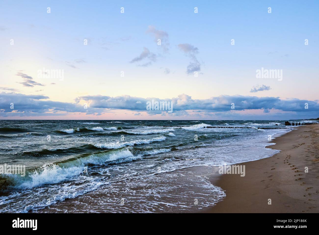 Sea sand beach landscape. Seascape background. Sunset sky over ocean ...