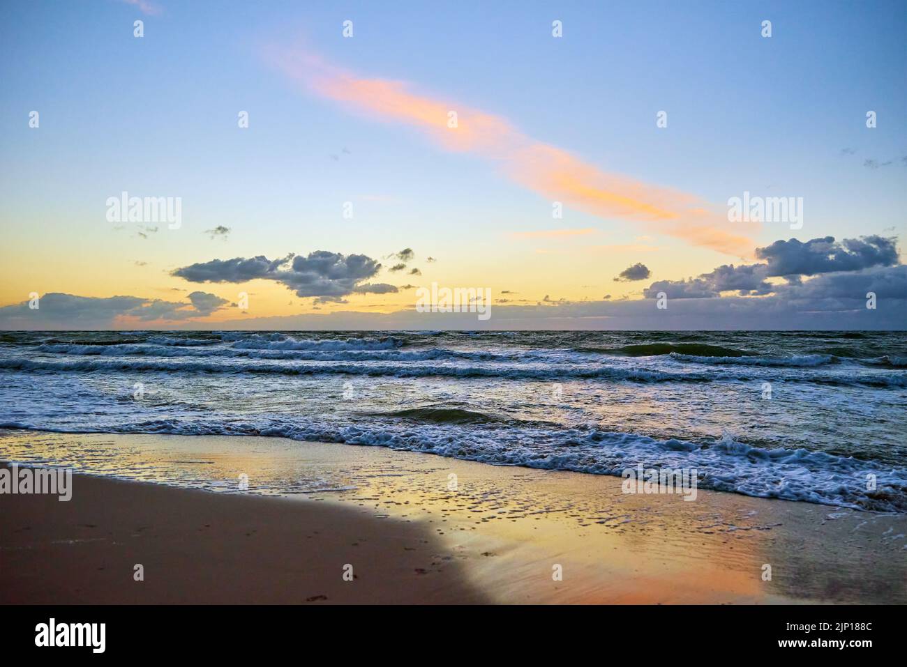 Sea sand beach landscape. Seascape background. Sunset sky over ocean ...