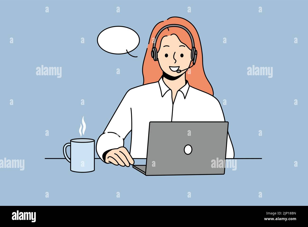 Smiling woman in headset sit ta desk talk on video call on computer ...