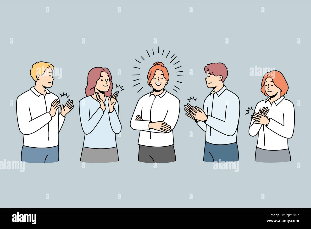 Happy colleague applaud greeting successful businesswoman with personal work achievement ...