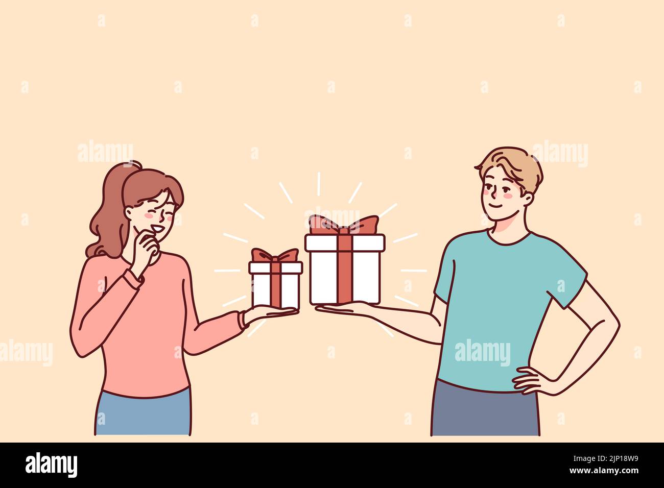 Happy couple exchange presents for valentine day. Smiling man and woman ...