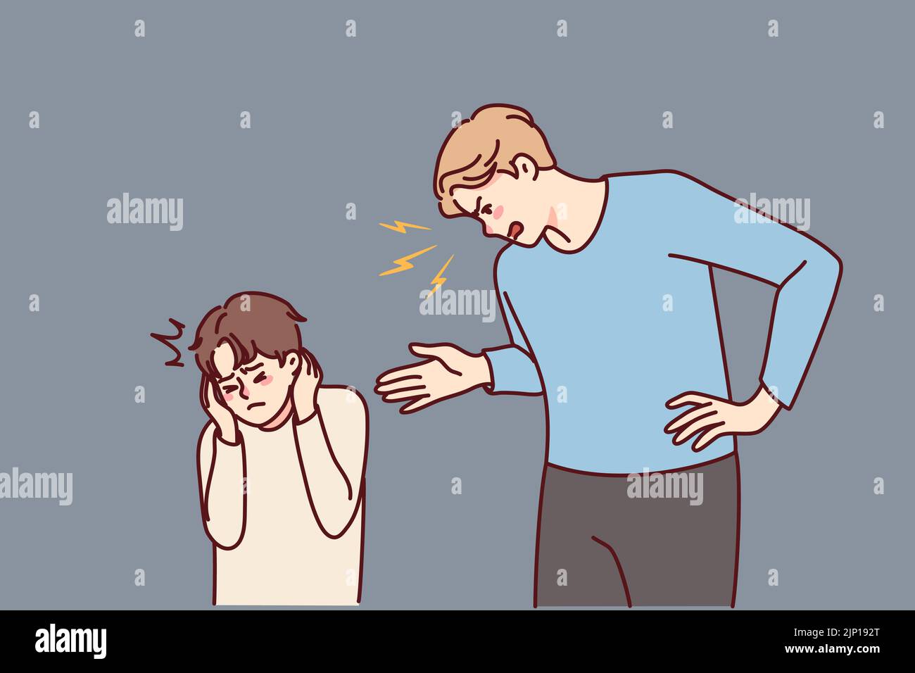 Angry father scream scold small unhappy kid covering ears from ...