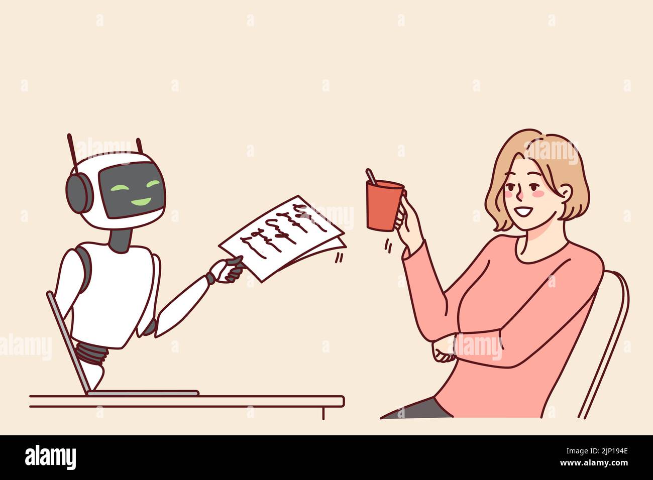 Smiling woman talking with virtual assistant on computer. Girl have ...