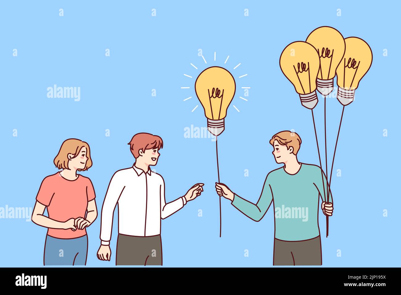 Man with lightbulbs in hands giving bulbs to people. Businessman offer ...