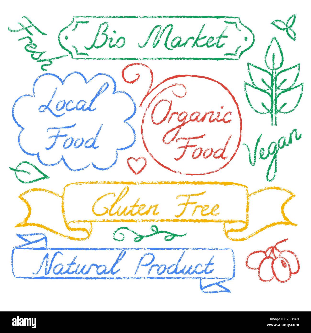 Collection of hand drawn eco food lettering with scrolls and frames ...