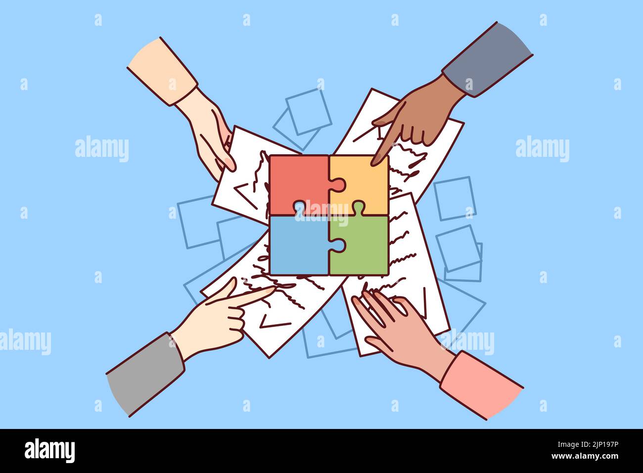 Businesspeople join jigsaw puzzles together engaged in team work in ...