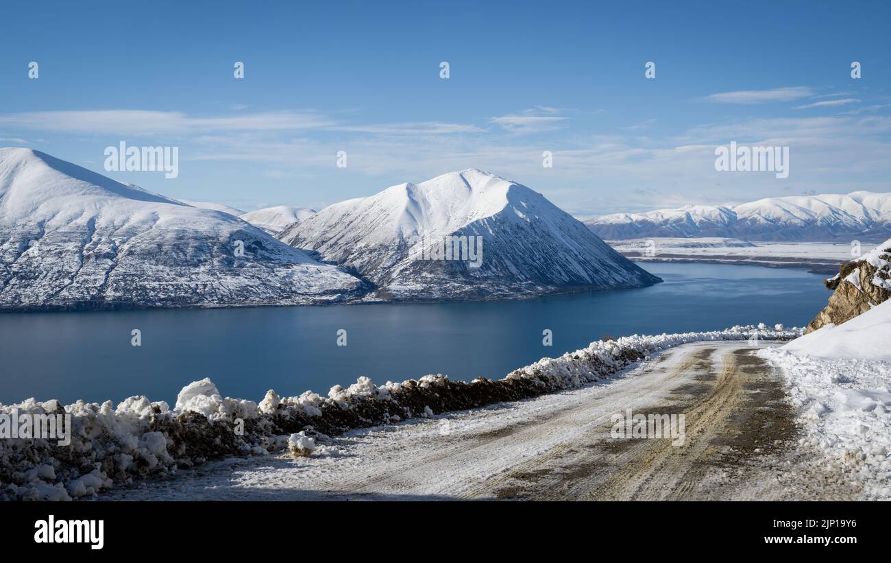 View of Ben Ohau range and Lake Ohau from the road to Skifield, Twizel ...