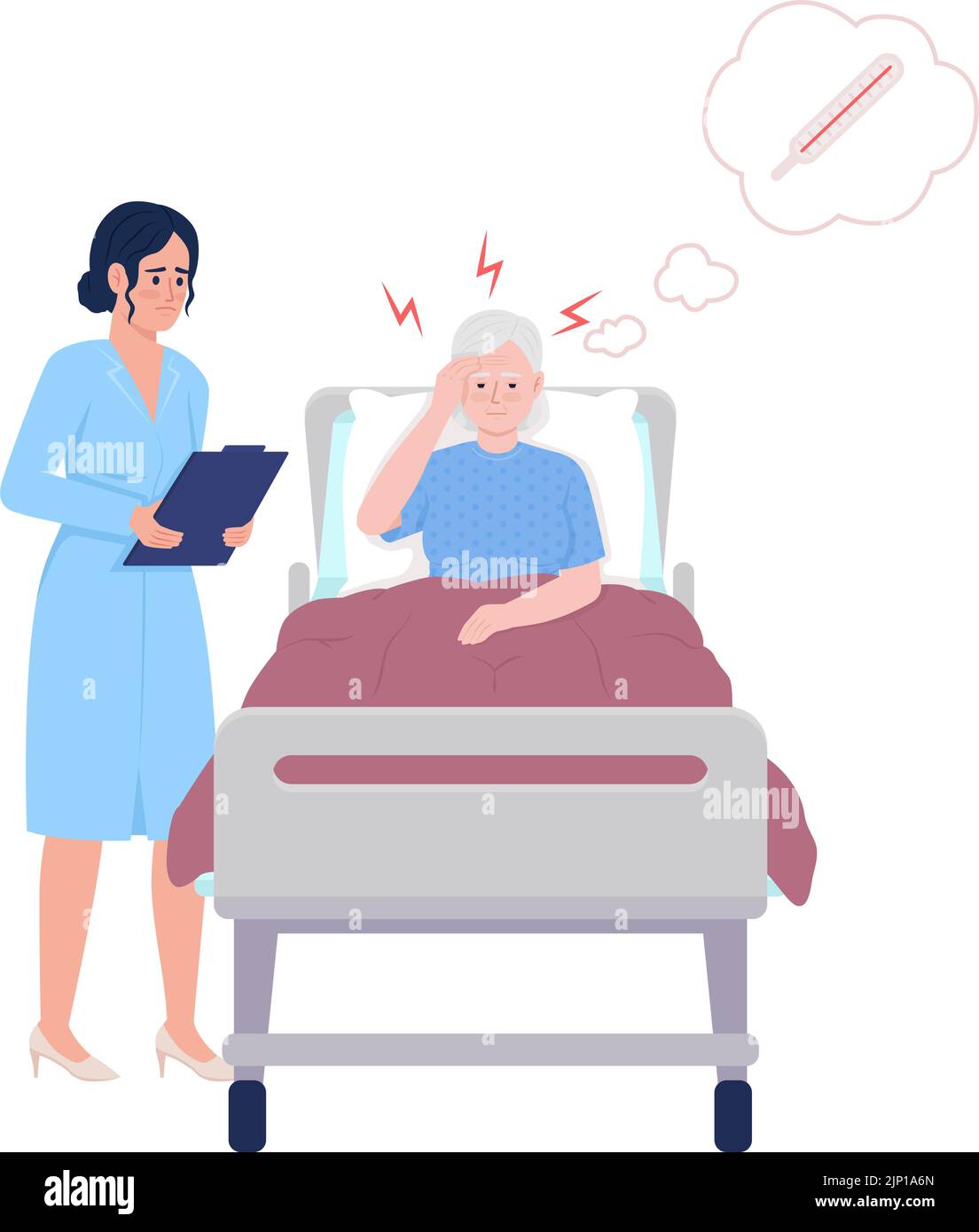 Doctor taking care of patient with fever semi flat color vector ...