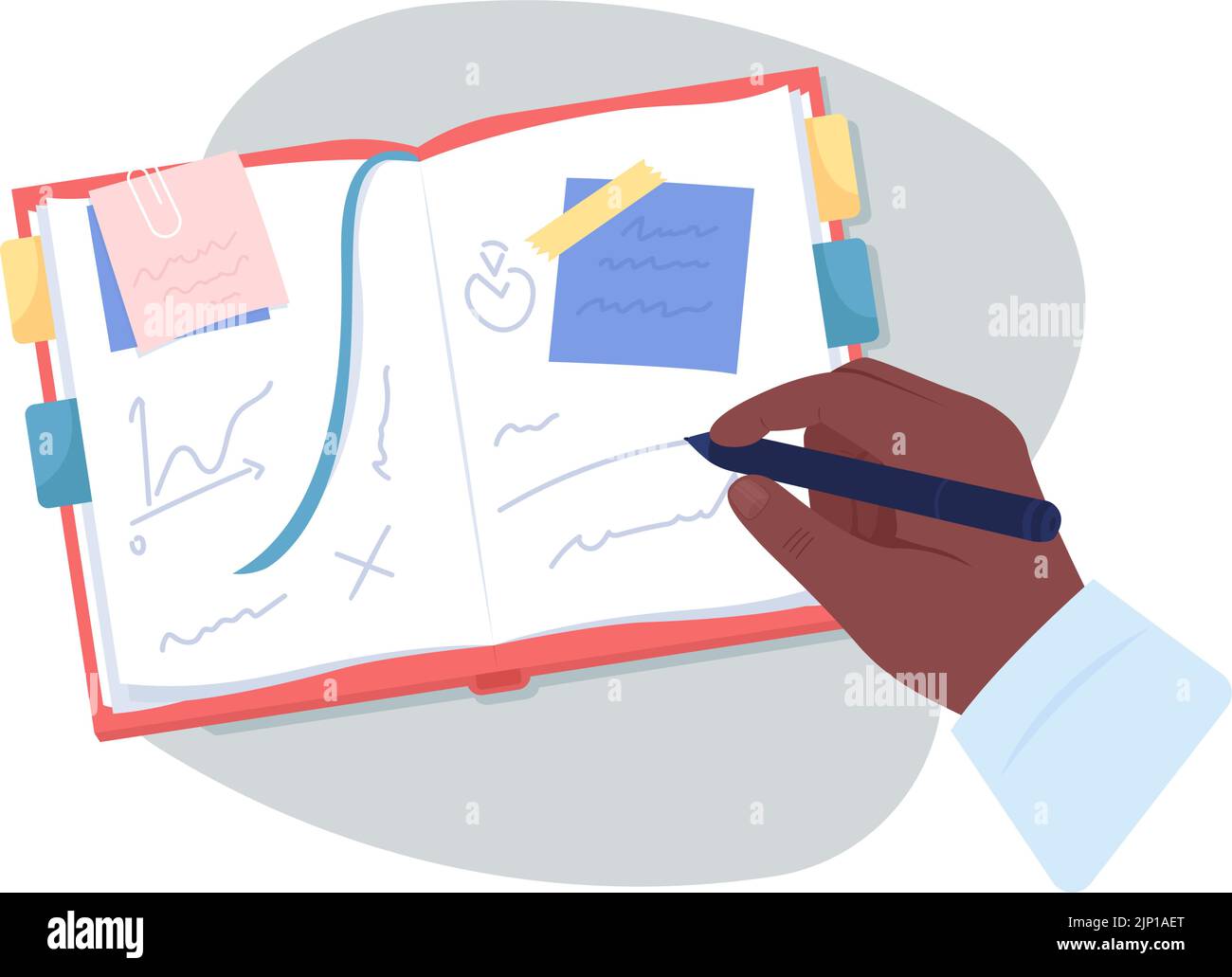 Man writing in notebook 2D vector isolated illustration Stock Vector ...