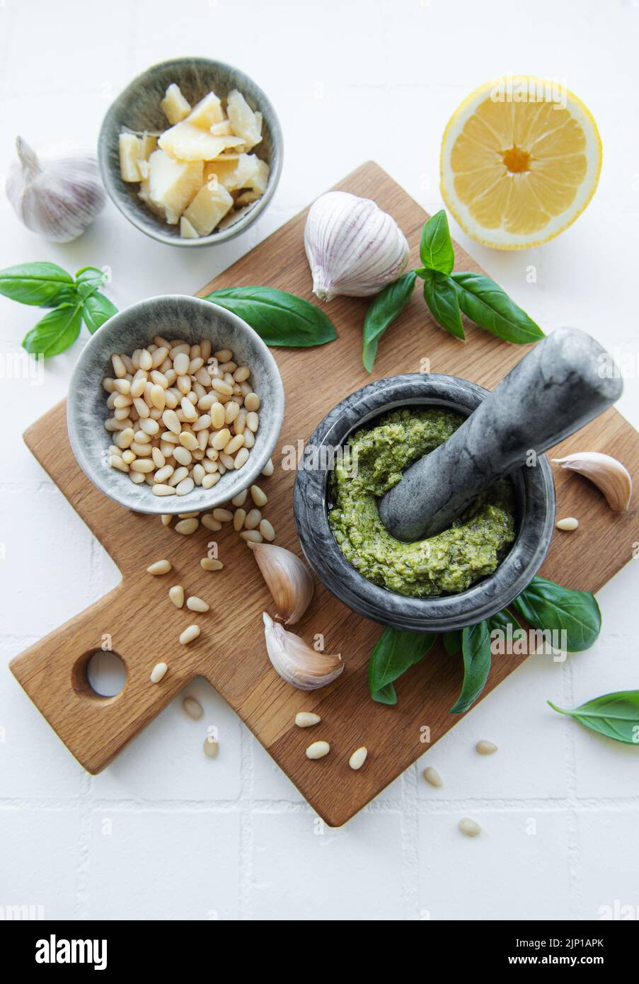Fresh made Pesto sauce. Green basil pesto. Ingredient for pesto sauce ...