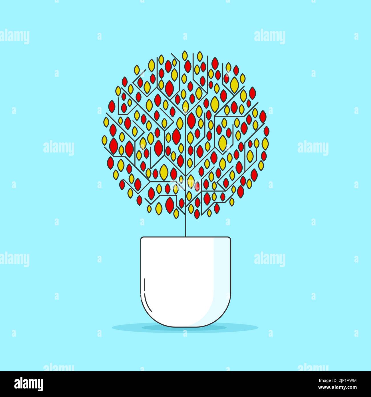 round bush plant with red and yellow leaves in white flowerpot with ...