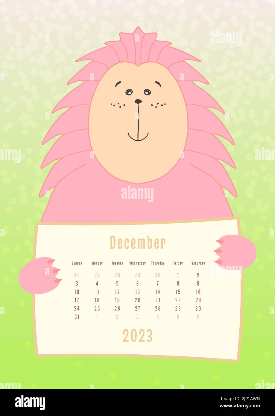 2023 december calendar, cute hedgehog animal holding a monthly calendar ...
