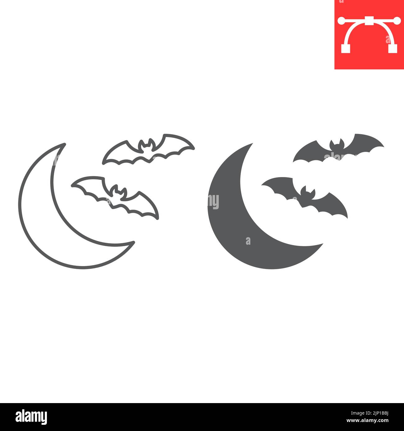 Bats and moon line and glyph icon, halloween and midnight, bats flying ...