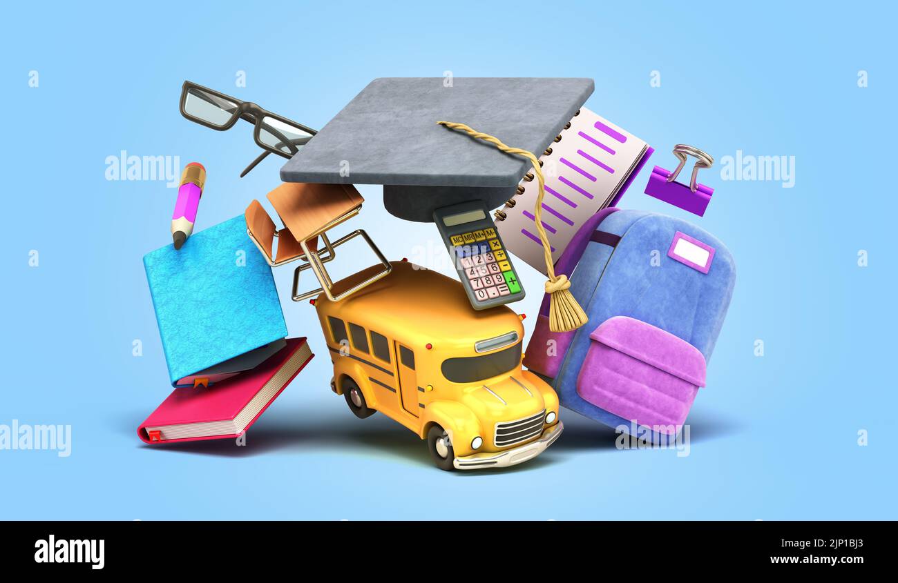 back to school concept school supply flying in air around bus 3d ...