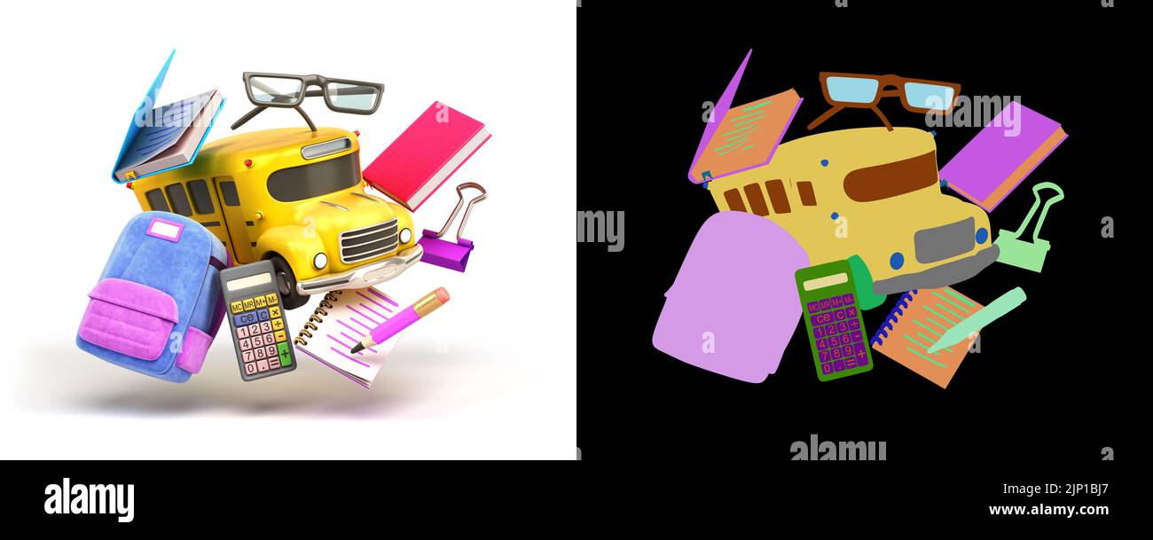 back to school concept school supply flying in air around yellow bus 3d ...