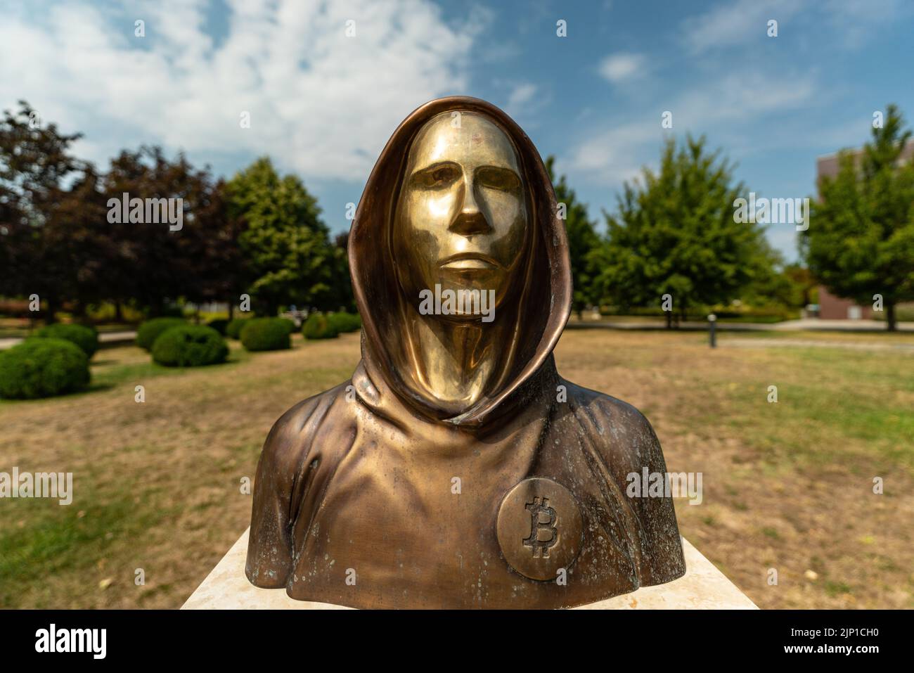 Budapest, Hungary -August 7, .2022: Portrait of the statue of Satoshi ...