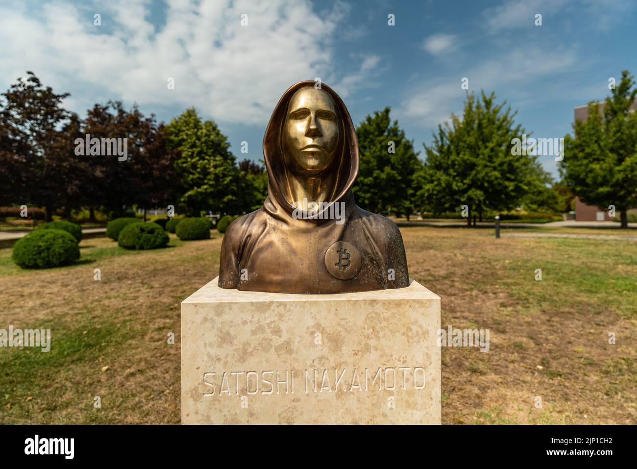Budapest, Hungary -August 7, .2022: Portrait of the statue of Satoshi ...