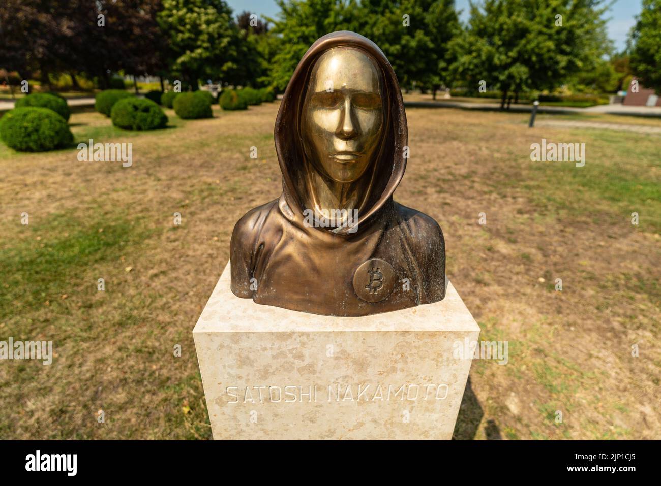 Budapest, Hungary -August 7, .2022: Portrait of the statue of Satoshi ...