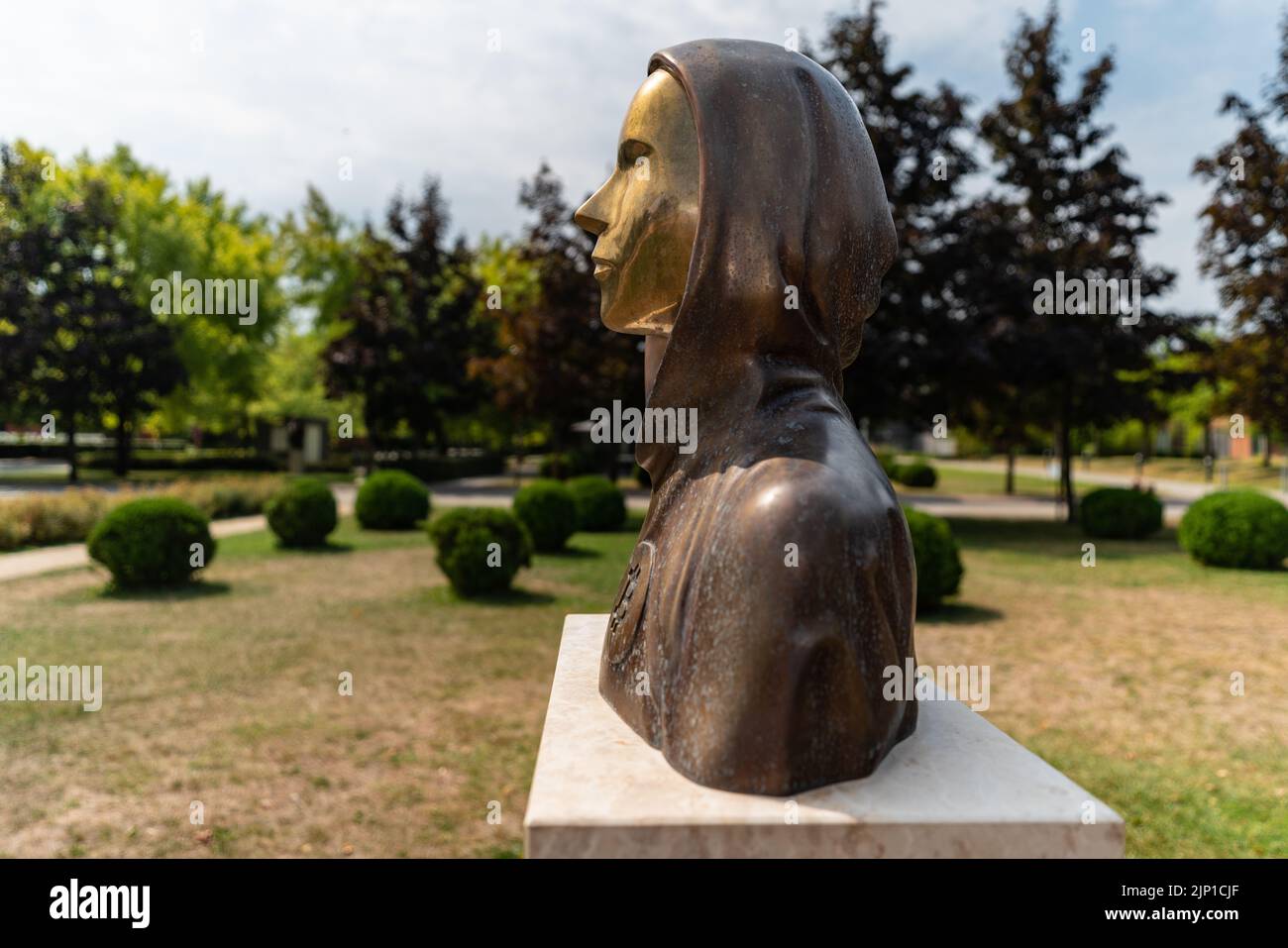 Budapest, Hungary -August 7, .2022: Portrait of the statue of Satoshi ...