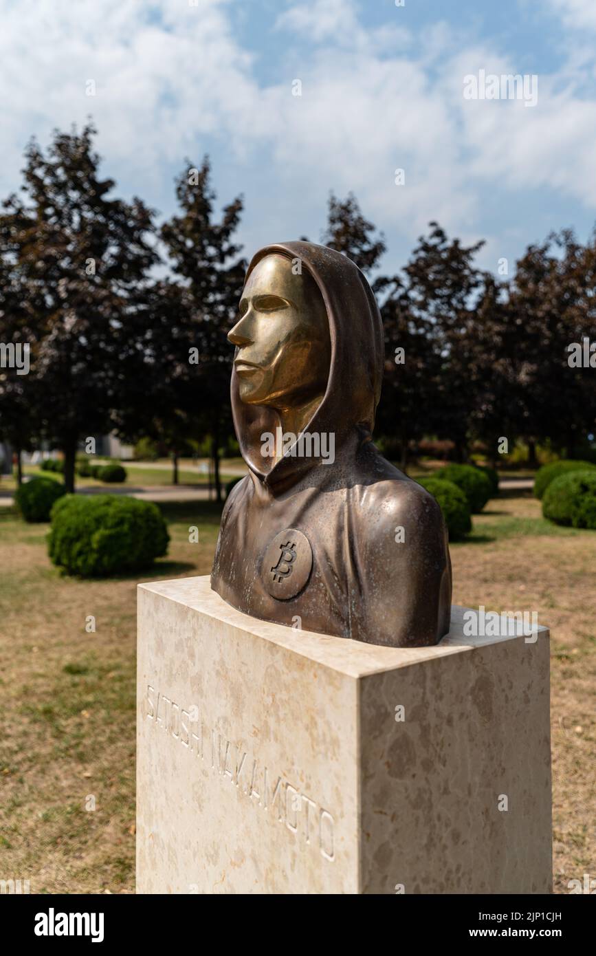 Budapest, Hungary -August 7, .2022: Portrait of the statue of Satoshi ...