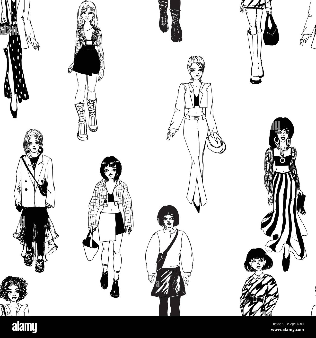 Seamless pattern. Women in trendy clothes. Defile sketch Stock Vector ...