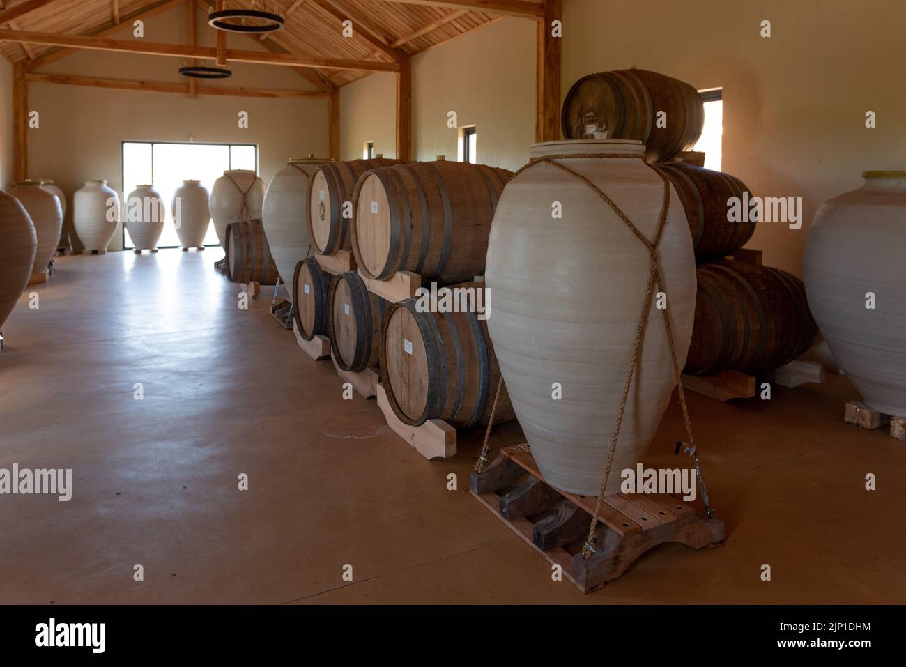 Wine barrels and amphorae at Gabriëlskloof wine estate, Botrivier area ...