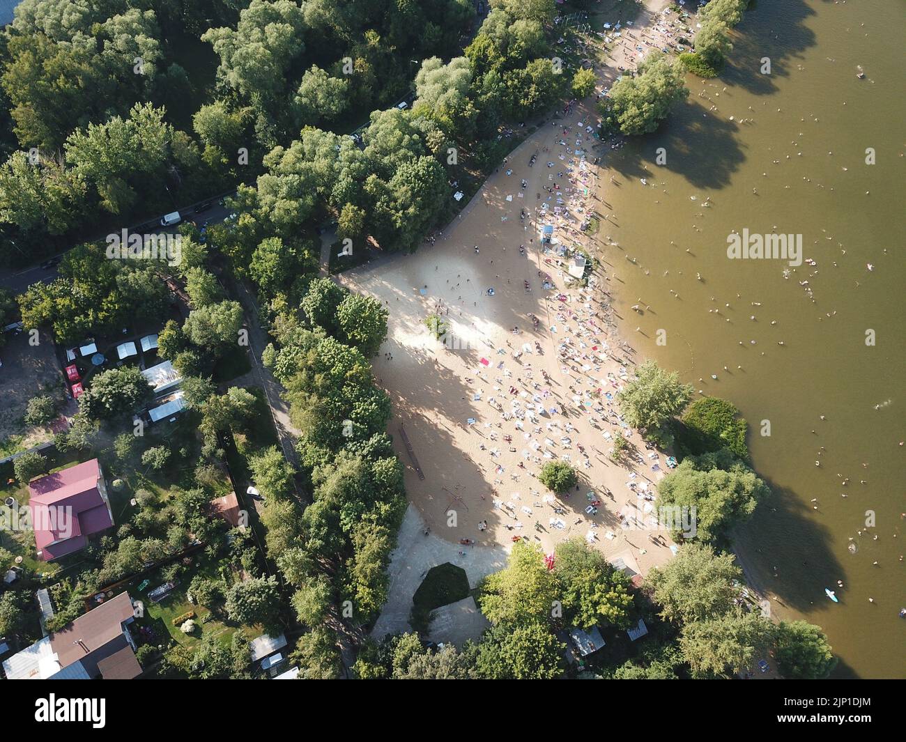 Moscow. Natural and historical Kosinsky park. The beach on the bank of ...