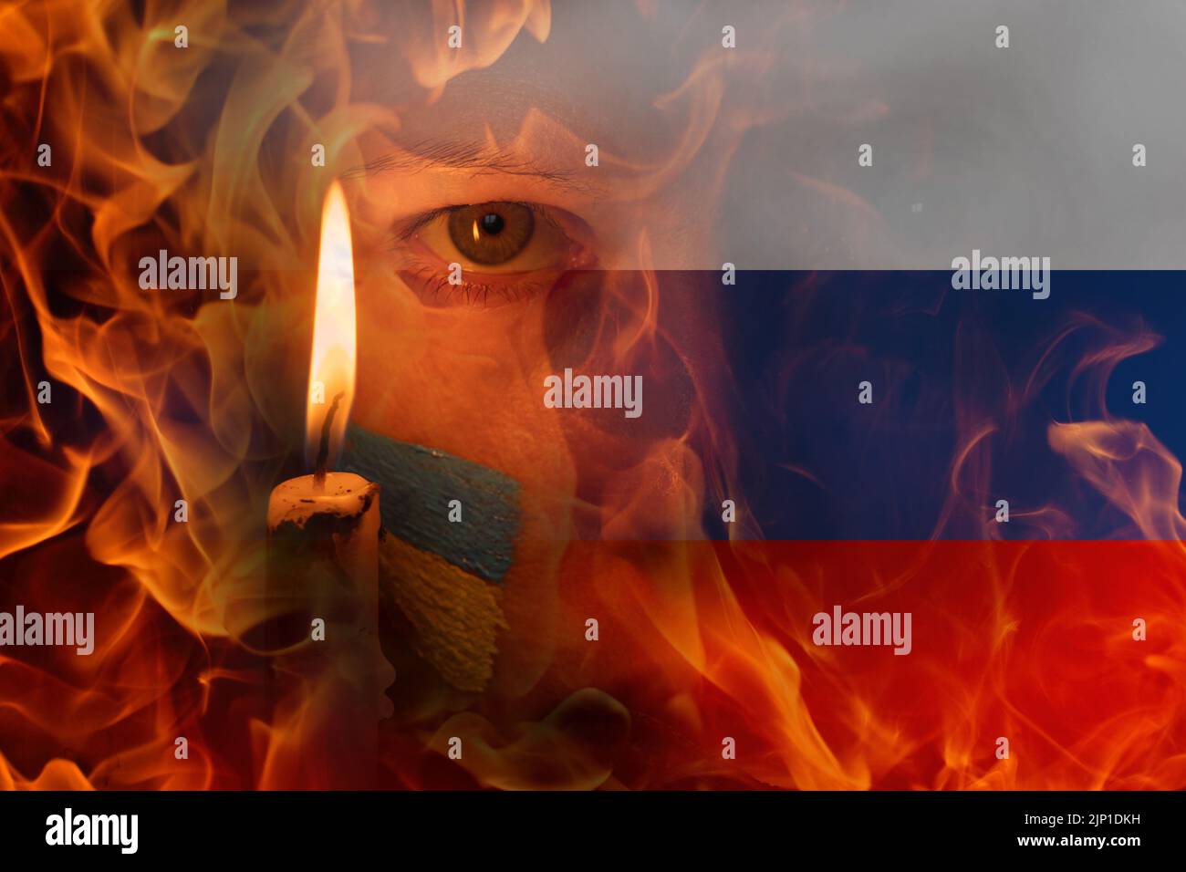 The Russian flag is on fire and the face of a girl with a painted flag ...