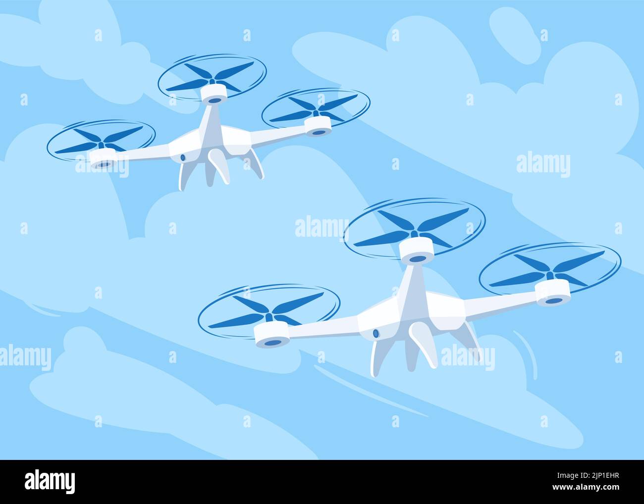 Flying drone with blue sky background, vector illustration. Cartoon ...