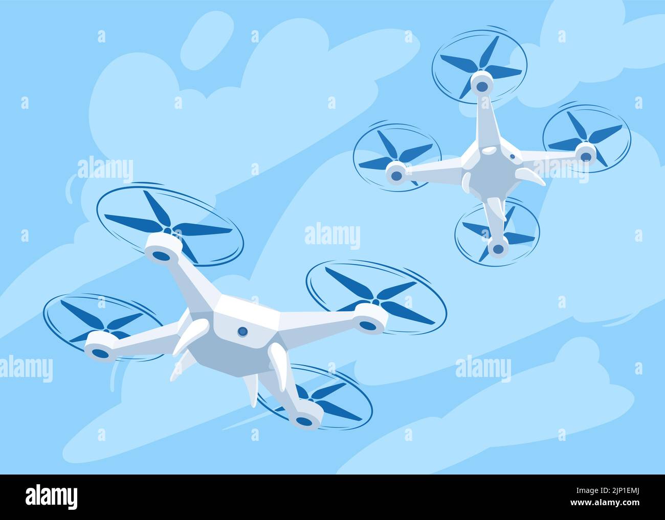 Flying drone with blue sky background, vector illustration. Cartoon ...