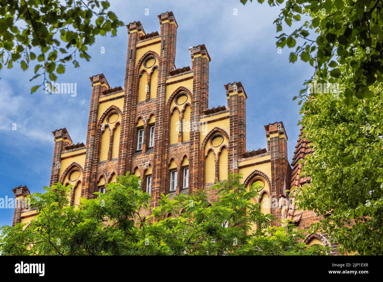 Cityscape with ancient stepped gable building in Lubeck in Schleswig ...