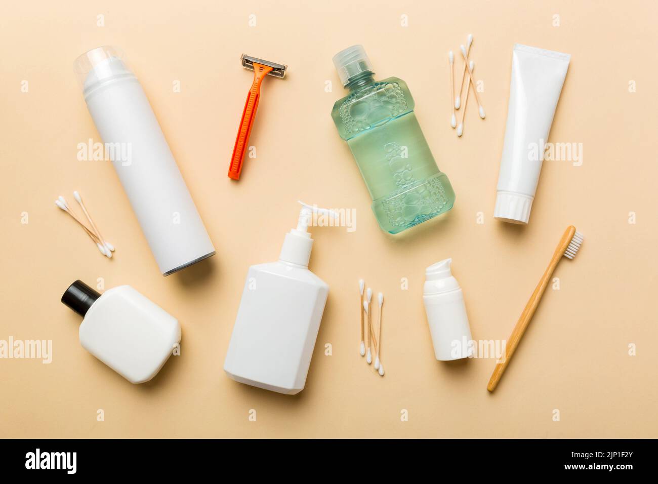Mockup for bathing products top view flat lay, spa razor, toothpaste ...