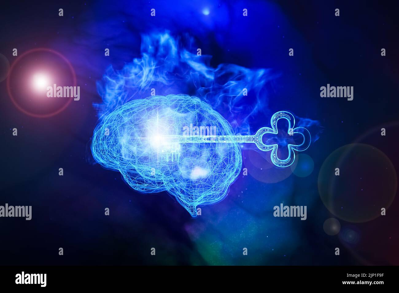 3D Rendering of a Key Penetrate inside a Wire Brain with Blue Fire ...