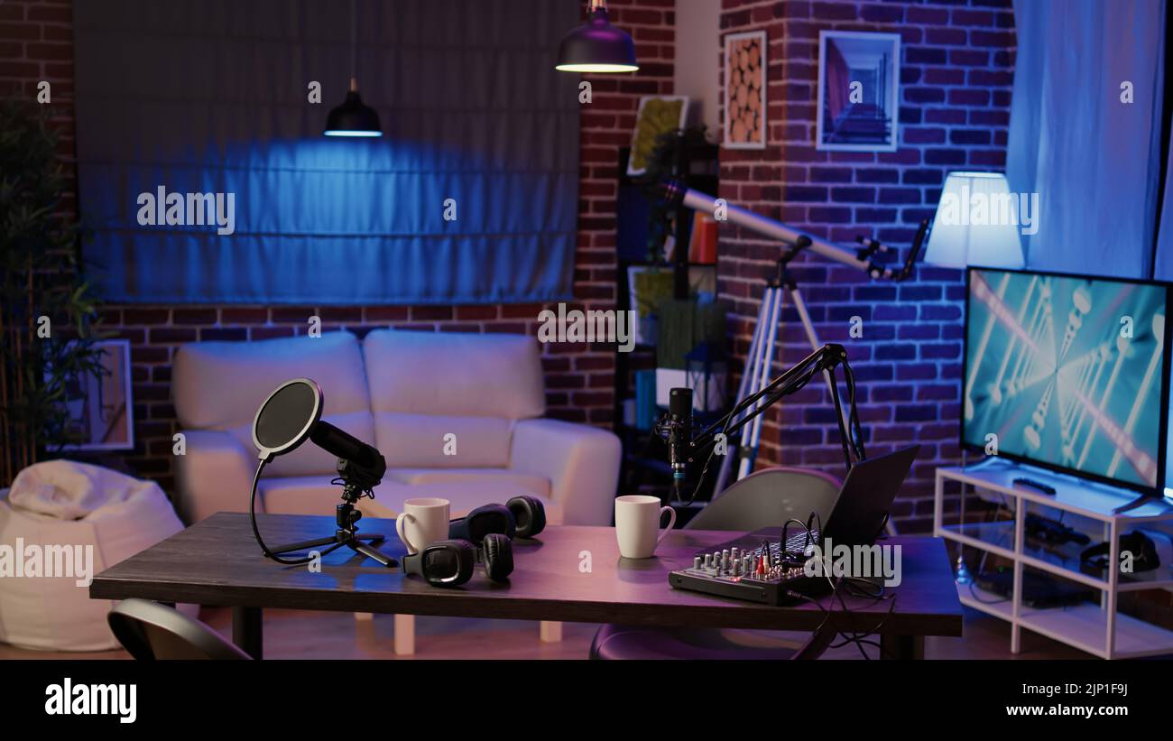 Nobody in podcast production studio with professional microphone and ...