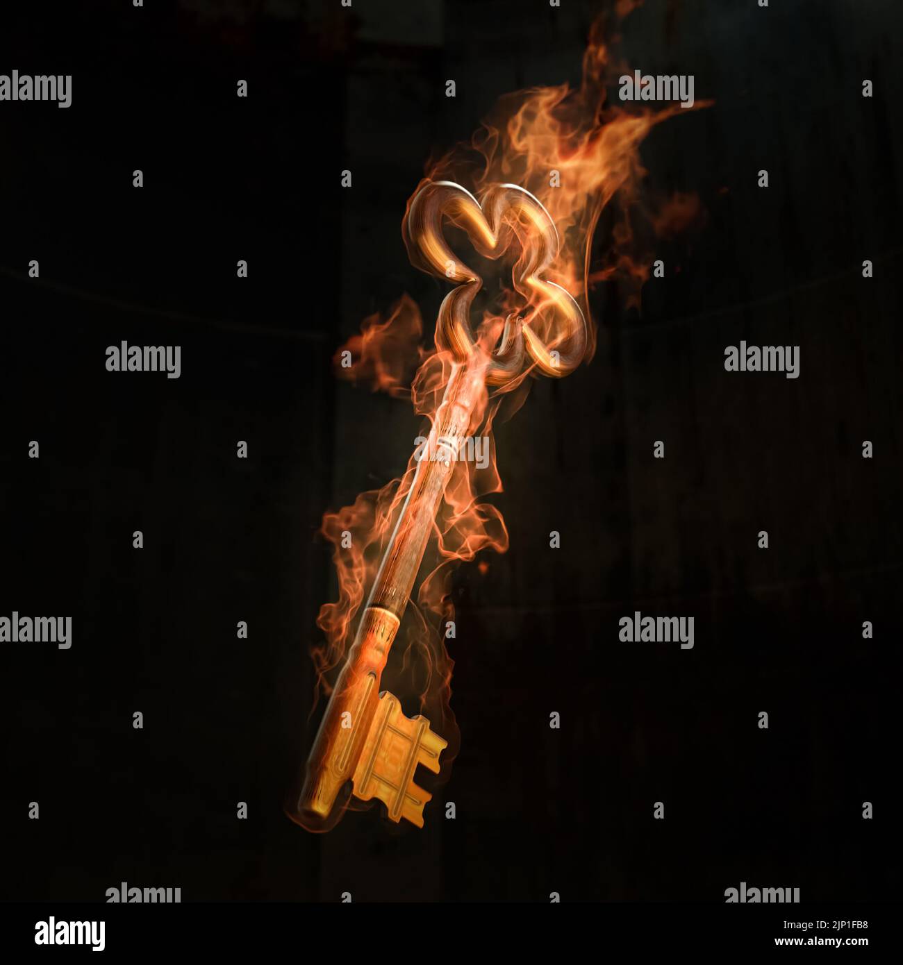 3D Rendering of a Vintage Brass Key Burning in Flame Stock Photo - Alamy