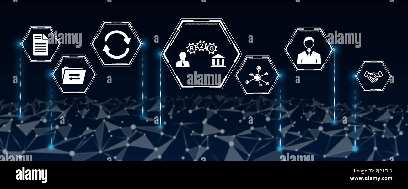 Concept of b2g with icons in hexagons connected to abstract network ...